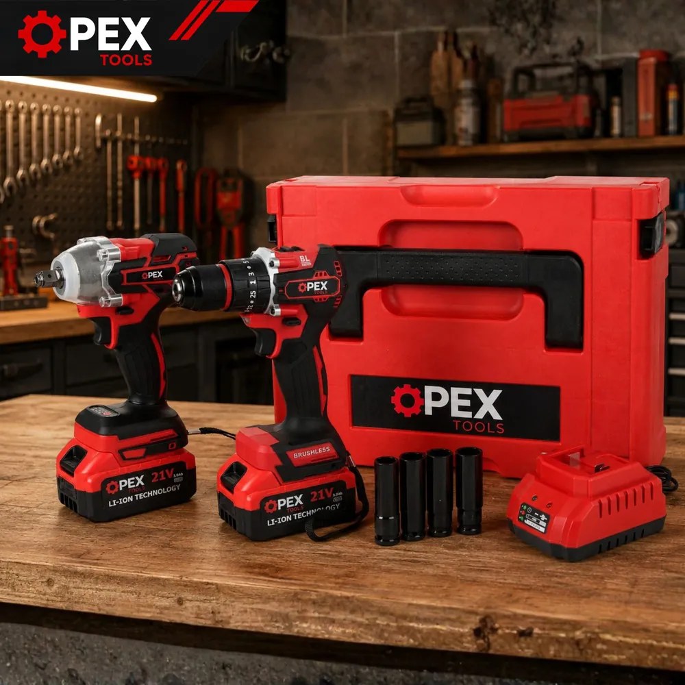 OPEX TOOLS Sada 2 v 1: vrták a šroubovák + akumulátový rázový klíč, 2x aku 21 v, 3 ah