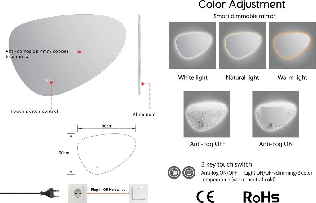Erga Amelia, asymetrické LED zrcadlo 90x60 cm, 1955 lm, 6500K, zadní osvětlení, ERG-V01-407-9060-00