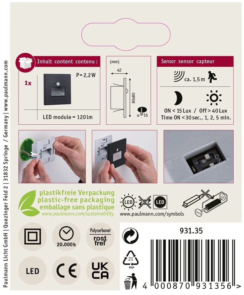 Paulmann 93135 Edge Quadro, svítidlo do stěny se senzorem, 1x1,2W LED 2700K, matná černá, 8x8cm