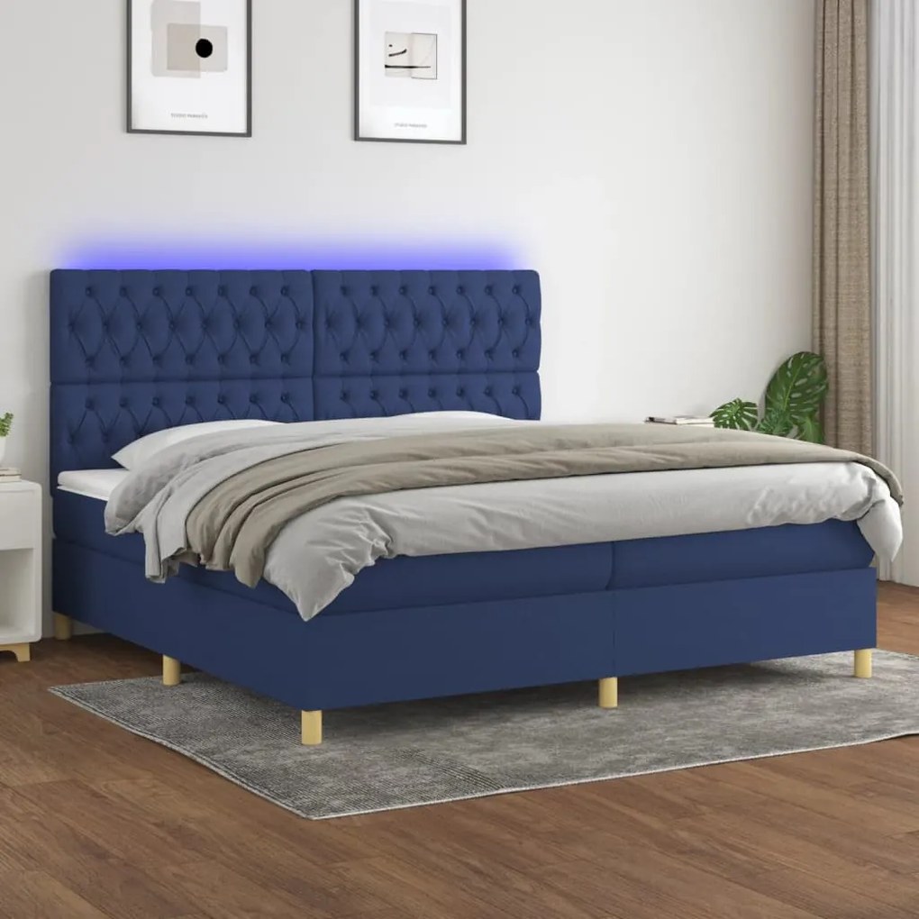 Box spring postel s matrací a LED modrá 200x200 cm textil