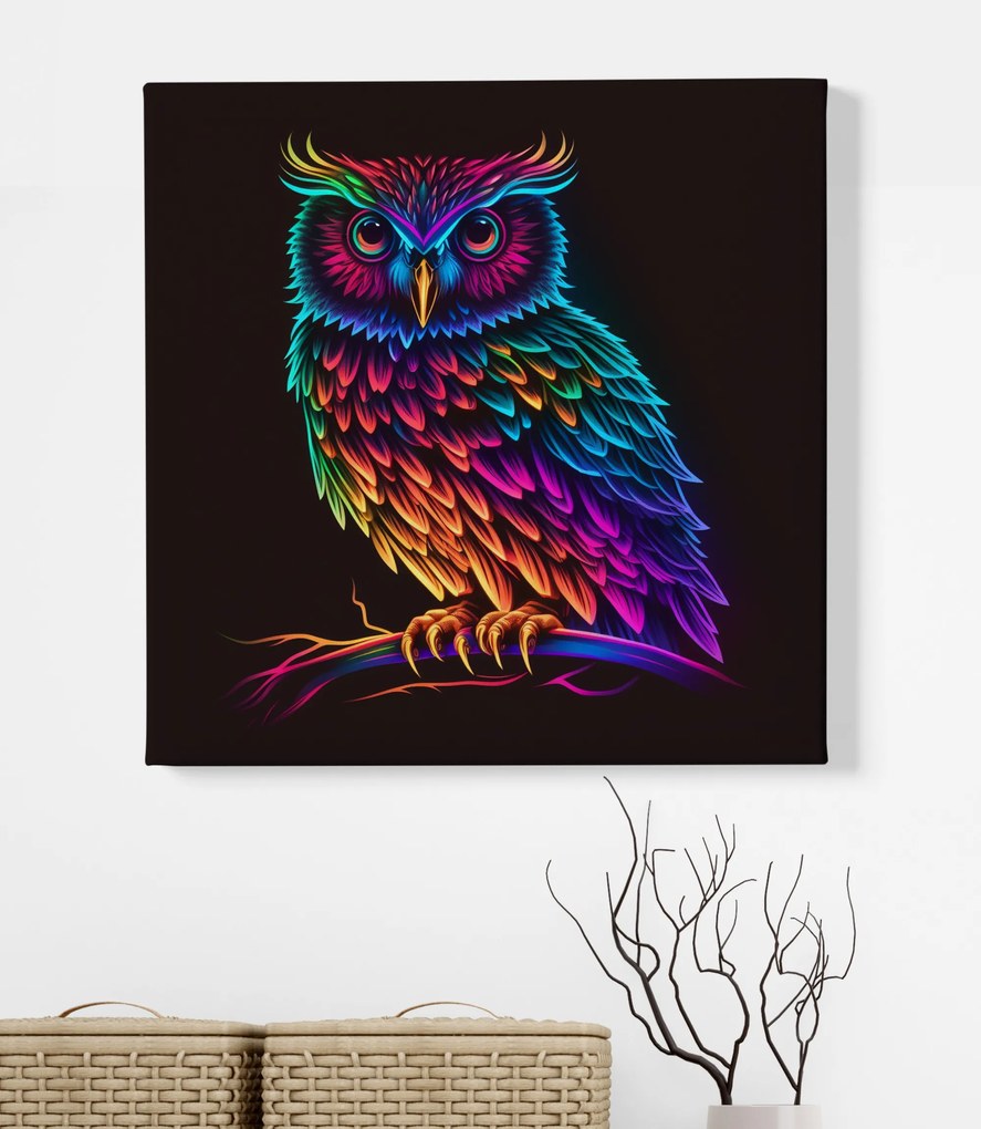 Obraz na plátně - Barevná neonová sova FeelHappy.cz Velikost obrazu: 100 x 100 cm
