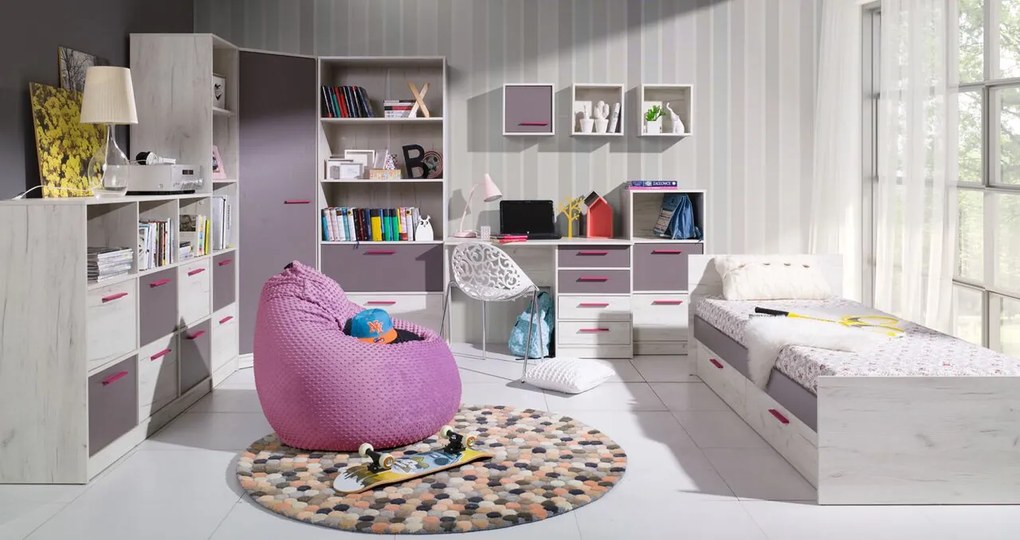 Luxusní studentský pokoj REST sestava 7 (postel pro matraci 90x200cm) Matrace: Bonell + kokos +2362Kč, Barva rukojeti: Růžová, Barva TABURETU: Černá