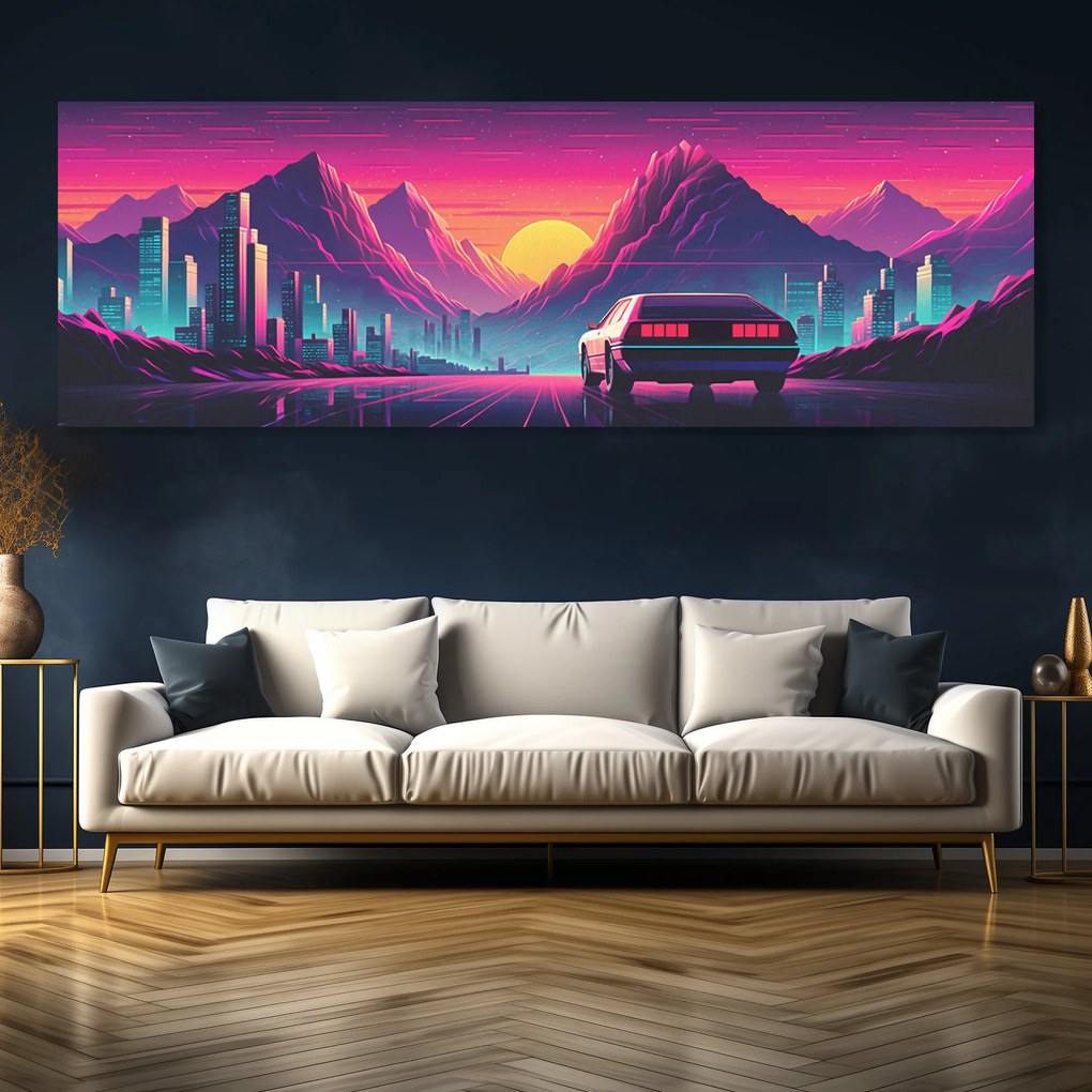 Obraz na plátně - Retro futuristické město s horami a autem FeelHappy.cz Velikost obrazu: 180 x 60 cm