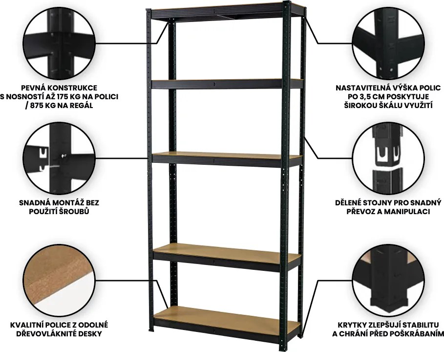 Fistar Regál 200x100x60 cm lakovaný 5-policový, nosnost 750 kg - ČERNÝ