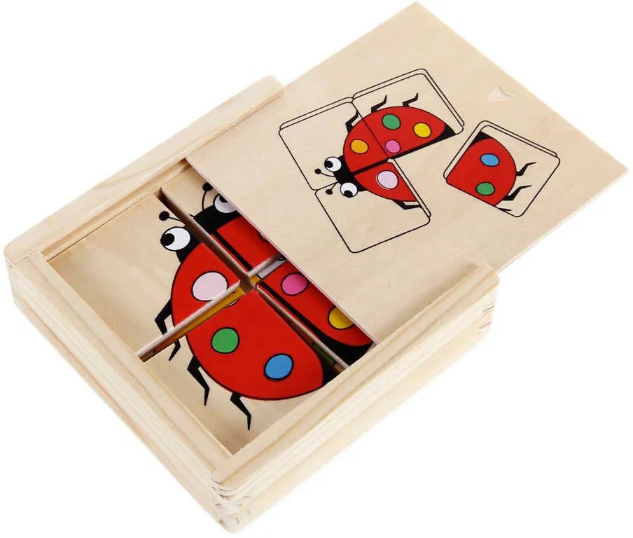 WOODY DŘEVO Baby minipuzzle Beruška 4x4 dílky v krabičce 4v1 pro miminko 090328