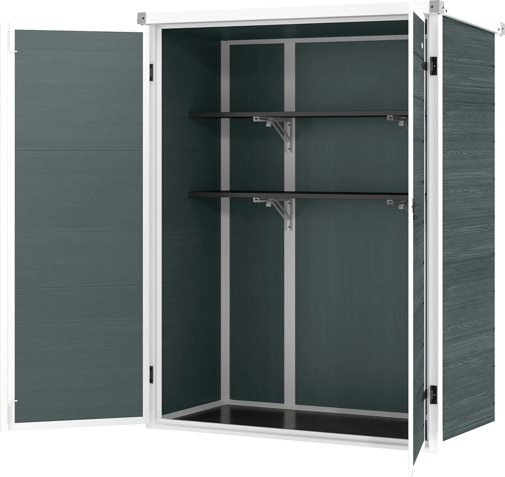 Outsunny zahradní domek 0,81 m² — 134 x 68,5 x 170 cm, plastový domek s integrovanou podlahou, 2 sklápěcí police, dvoukřídlé dveře se zámkem, šedý dře