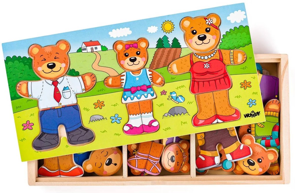 WOODY DŘEVO Šatní skříň Medvědí rodinka vkládací puzzle 54 dílků v boxu 90819