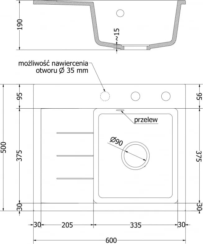 Mexen Ben, 1-komorový granitový dřez 600x500x190 mm, pravý + černý sifon, černá, 6523605000-77-B