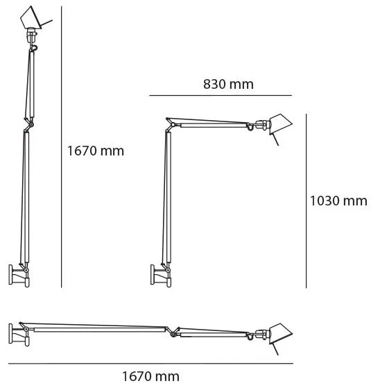 Artemide Tolomeo Braccio LED, designové nástěnné svítidlo se stmívačem, 10W LED 3000K, hliník, max. 167cm