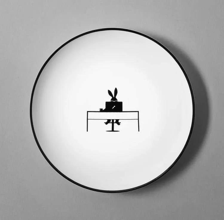 HAM Porcelánový dezertní talíř Working Rabbit 20,5 cm, černá barva, bílá barva, porcelán