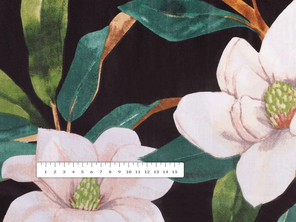 Biante Bavlněný kulatý ubrus Sandra SA-300 Květy magnolie na černém Ø 120 cm