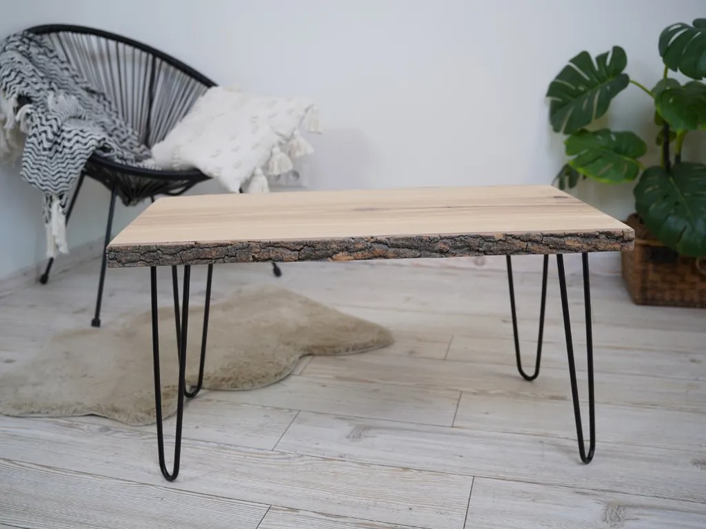 Jasanový konferenční stolek z přírodní masivní fošny 35-40x70-80 cm + Hairpin nohy Dle výběru