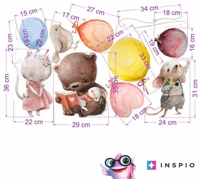 INSPIO Samolepky na zeď - Zvířátka s balóny v pastelových barvách