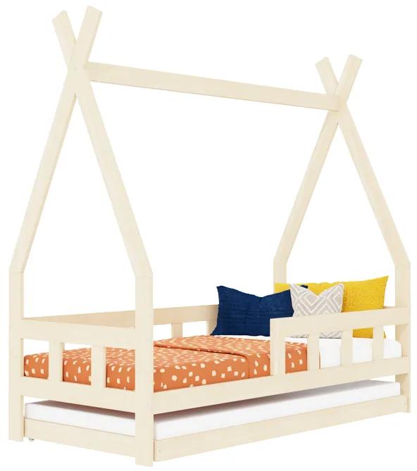 Benlemi Dětská teepee postel FENCE 4v1 ze dřeva se zábranou a přistýlkou Zvolte barvu: Béžová, Zvolte rozměr: 90x160 cm, Zvolte zábranu: S otevřeným vstupem