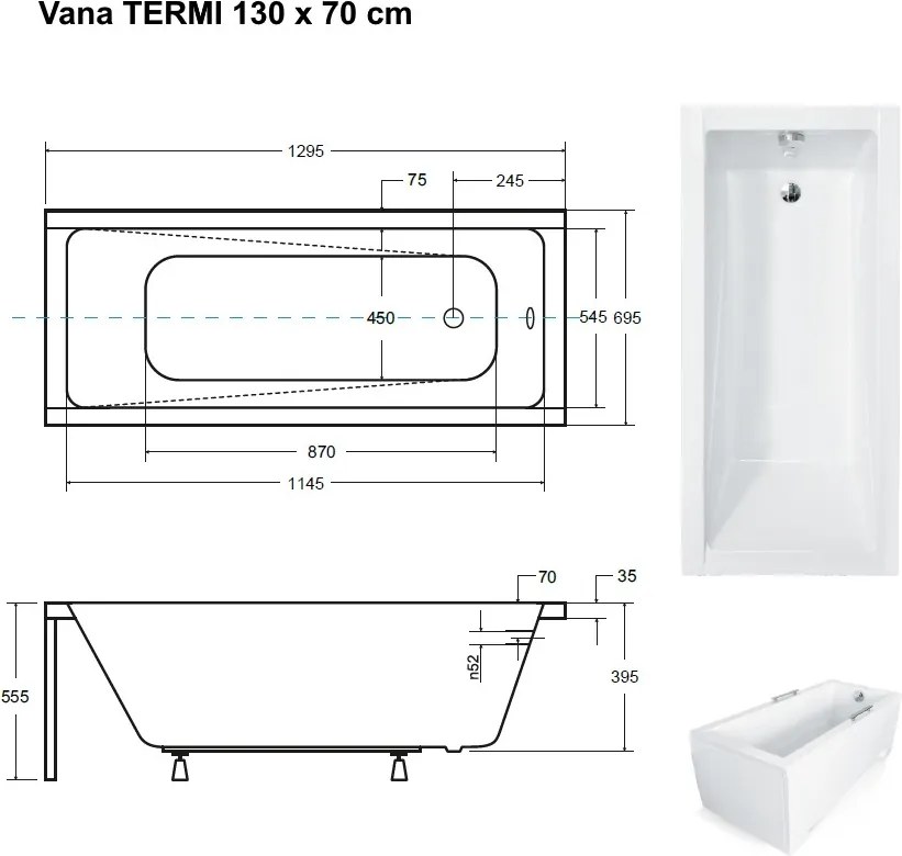 Besco Termi 130 x 70 cm OLVTER13+OLVPINOZ vana vč. nožiček new Koupelny Bernold