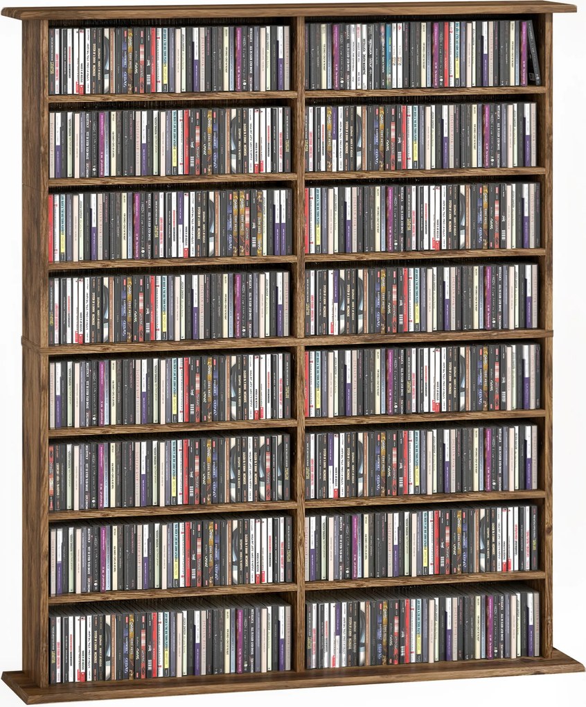 HOMCOM úložný prostor na CD a DVD s 16 přihrádkami a 12 nastavitelnými policemi, maximální kapacita 720 CD/396 DVD a Blu-ray, hnědá