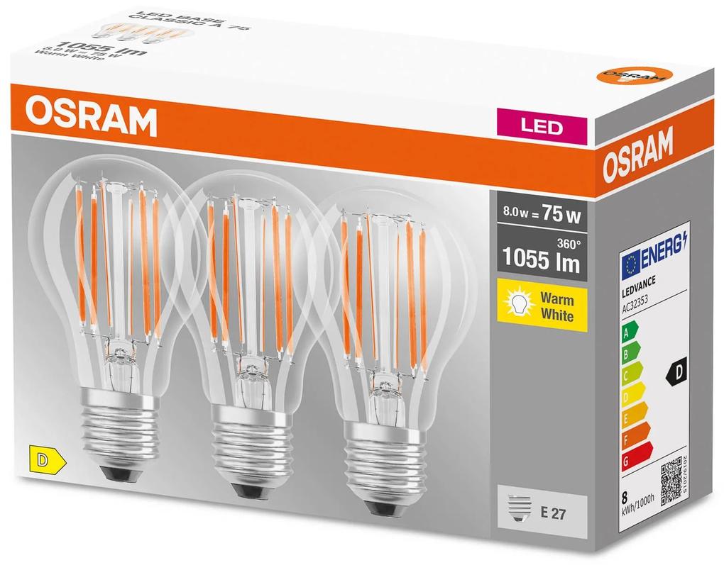 OSRAM LED žárovka filament E27 Base 7,5W 2700K 3ks