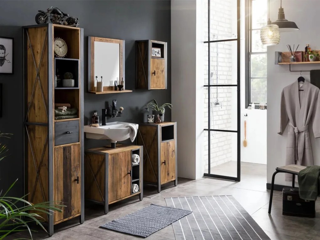 furniture-nabytek.cz - Masivní sada do koupelny Detroit z recyklované borovice a kovu, lakovaná, hnědá