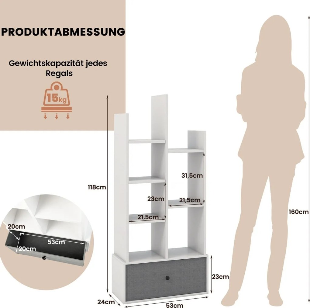 Costway 7patrová otevřená knihovna se zásuvkou – 53 × 24 × 118 cm