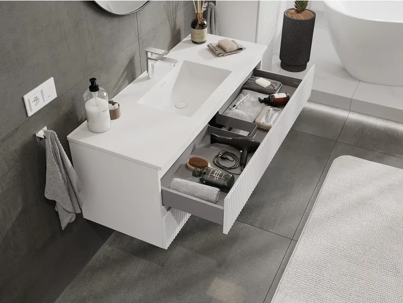 Mexen Rivel, koupelnová skříňka 120 cm s umyvadlem Otis, 2 zásuvky, drážkovaná, bílá matná, 91A20-12047-2-BFF01-W18M01