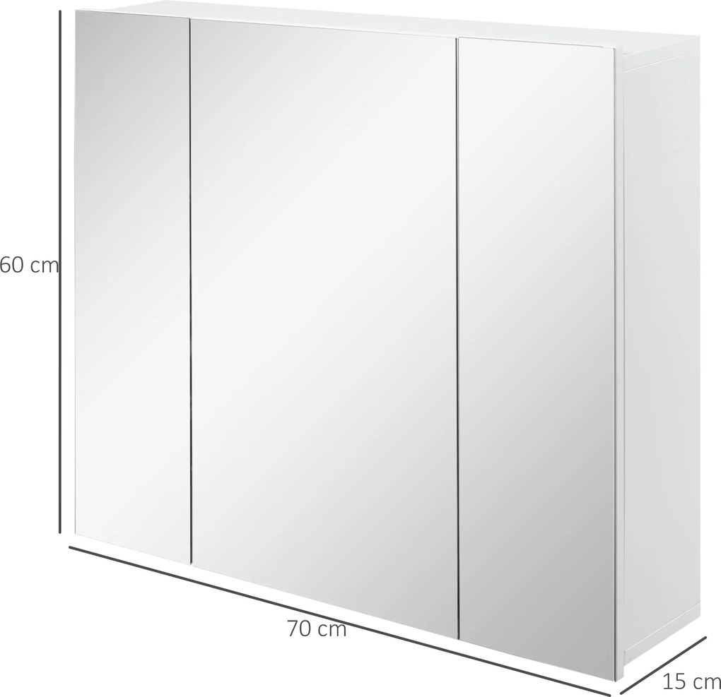 Kleankin koupelnová skříňka se zrcadlem - nástěnná koupelnová skříňka se 3 dvířky a nastavitelnými policemi 70x15x60 cm bílá
