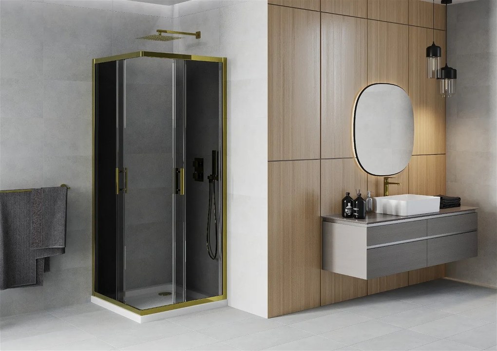 Mexen Rio, čtvercový sprchový kout s posuvnými dveřmi 90 (dveře) x 90 (dveře) x 190 cm, 5mm šedé sklo, zlatý profil + bílá sprchová vanička SLIM, 860-090-090-50-40-4010G