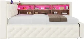 Aosom Rám postele, vysouvací sametová pohovka 90x190 cm, s úložným prostorem, LED světlem, USB a Typ-C, 211 × (91~181) × 84 cm, béžová