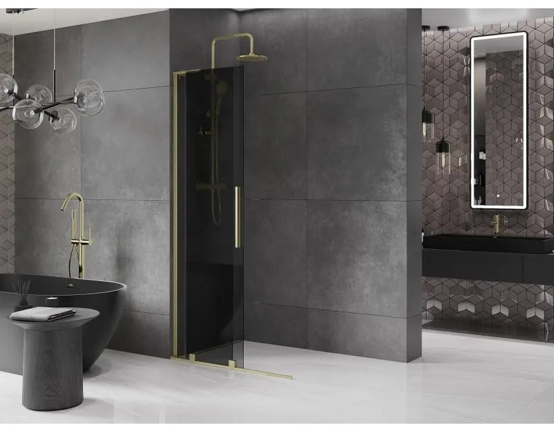 Mexen Velar L, posuvná sprchová zástěna Walk-in 110 x 200 cm, 8mm šedé sklo, zlatá matná, 871-110-003-43-55