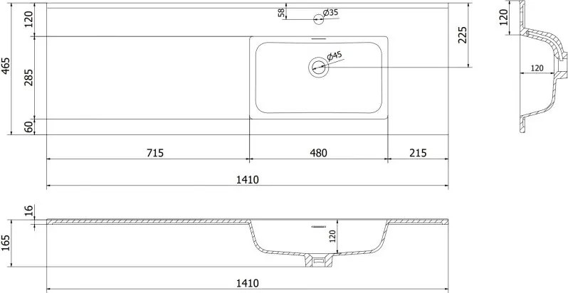 Mexen Otis umyvadlo zapuštěné do desky, pravé, 141 × 46,5 cm, černá matná, 25181471P