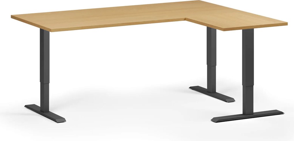 Rohový výškově nastavitelný stůl, 180x140 cm, 3 motory, L/P, černá podnož, buk