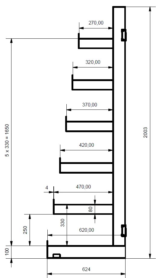 Konzolový regál přístavný, jednostranný, stromečkový, 2000 x 1330 x 624 mm, 6 pater
