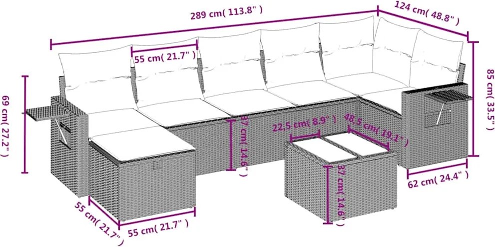 8dílná zahradní sedací souprava s poduškami černá polyratan 3263821