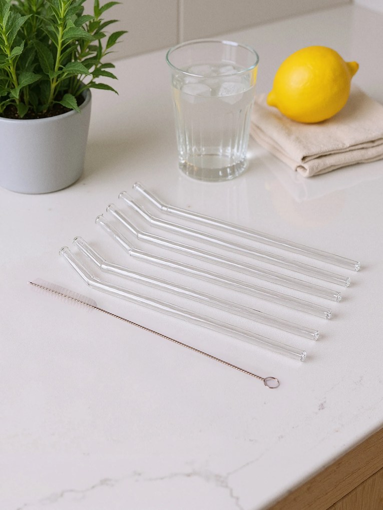 Sinsay - Sada skleněných brček s čisticím kartáčkem 7 pack - clear
