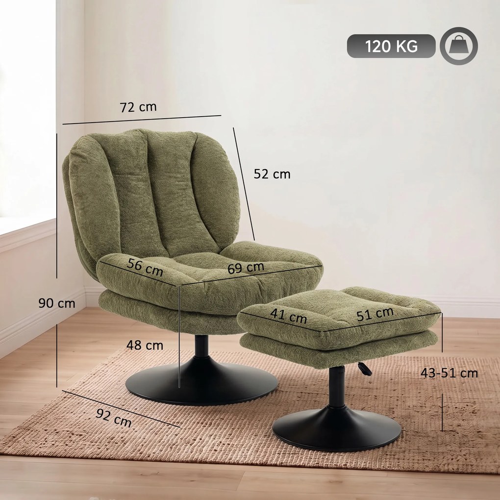 HOMCOM Lounge křeslo s podnožkou, 360° otočné, z Raindrop sametu, výškově nastavitelná podnožka, zelené