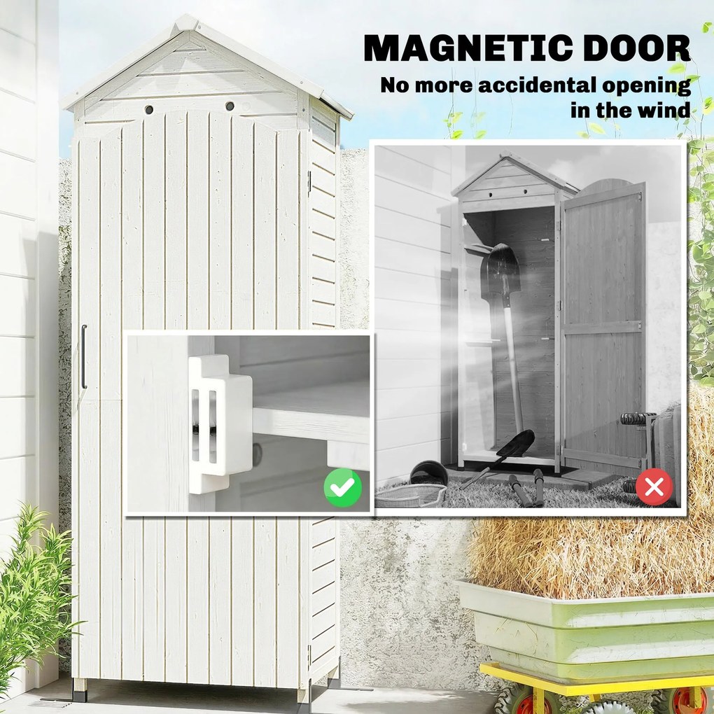 Outsunny vysoká zahradní skříň ze smrku s nastavitelnými policemi, magnetickými dveřmi a pozinkovanou střechou, 85 × 58 × 213 cm — bílá