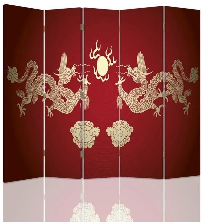 Ozdobný paraván Červený japonský drak - 180x170 cm, pětidílný, klasický paraván