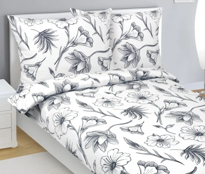 Bellatex Povlečení flanelové Ibišek Bílá,Šedá 140x200, 70x90 cm