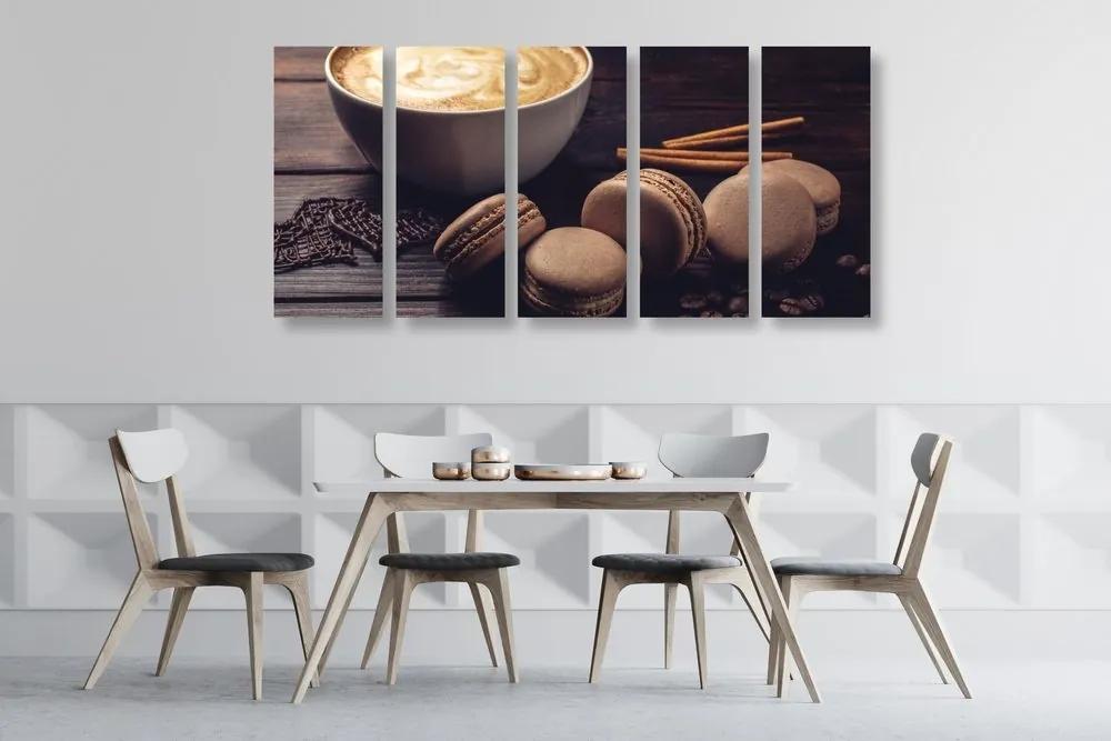5-dílný obraz káva s čokoládovými makrónkami - 200x100 cm
