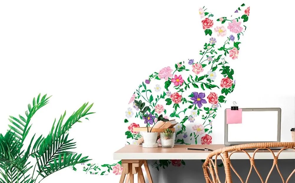Samolepící tapeta kočka z květin - 375x250 cm