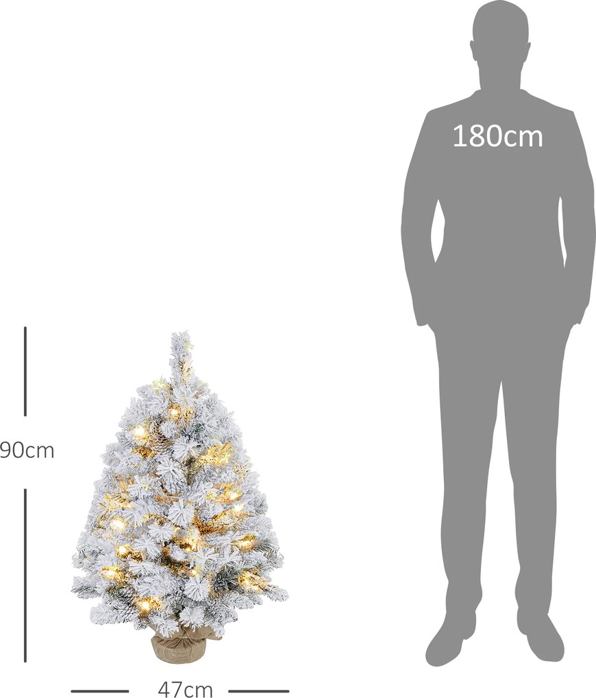 HOMCOM Vánoční stromek 92 cm, LED světla, zasněžené větvičky, šišky, nehořlavý, betonový stojan