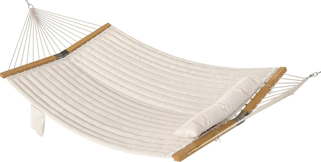 Outsunny venkovní houpací síť 200 x 140 cm — prošívaná dvouvrstvá s opěrkou hlavy a kapsou na časopis, krémově bílá | Aosom