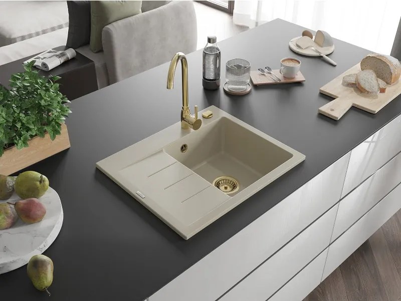 Mexen Ben, 1-komorový granitový dřez 600x500x190 mm, pravý + zlatý sifon, béžová, 6523605000-69-G
