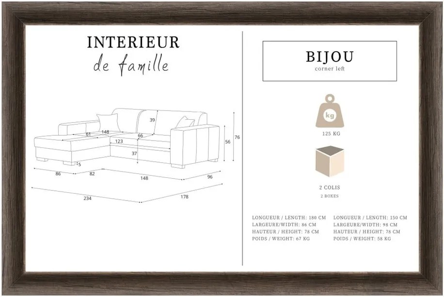 Šedá sedačka INTERIEUR DE FAMILLE PARIS Bijou, pravý roh