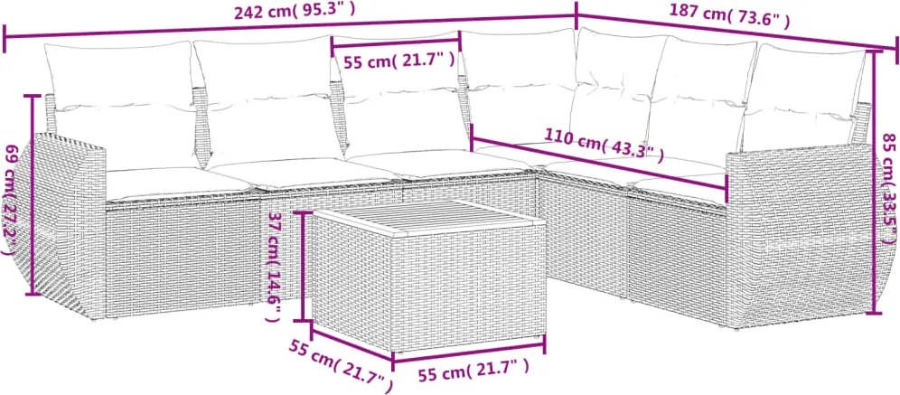 7dílná zahradní sedací souprava s poduškami šedá polyratan 3257355