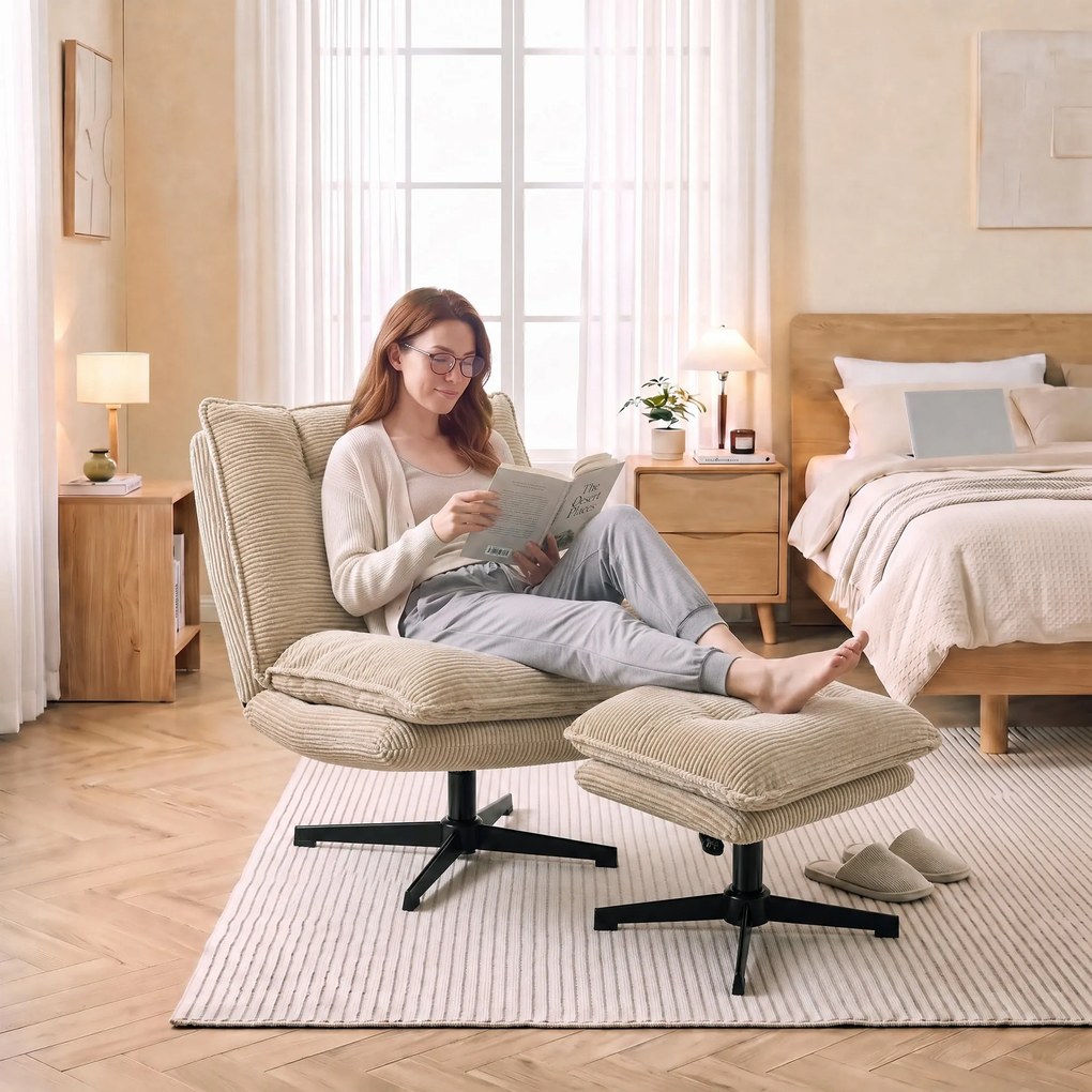 HOMCOM Lounge křeslo s podnožkou, otočné o 360°, potah z kordury, nastavitelná opěrka nohou, béžové