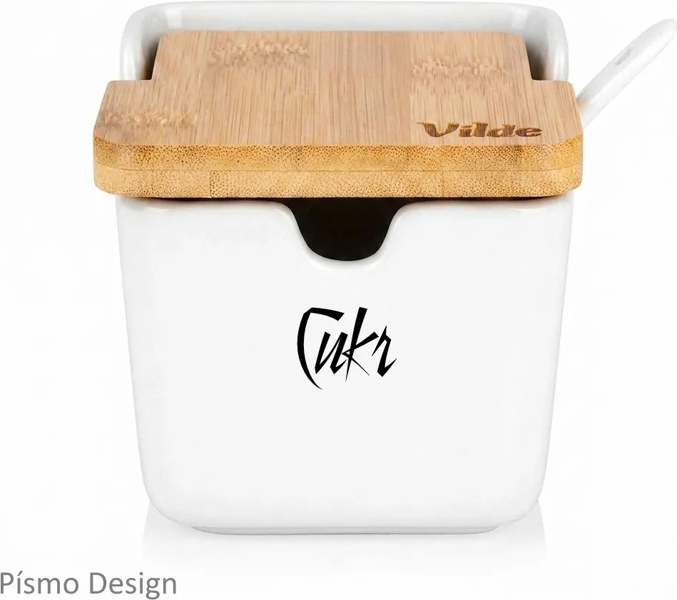 VILDE Hranatá keramická cukřenka /solnička s bambusovým víčkem a lžičkou, 250ml VILDE, bílá