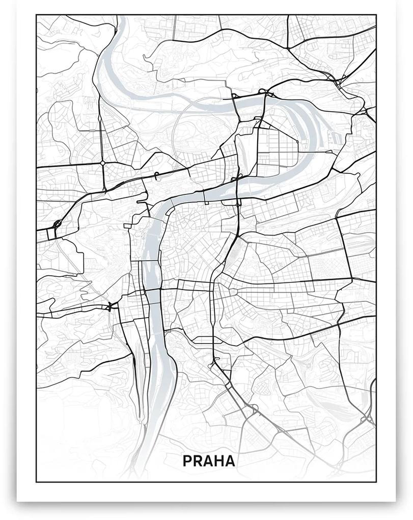 Praha – silnice - města – mapa doztracena / město – bílá / papír / 30×40 cm
