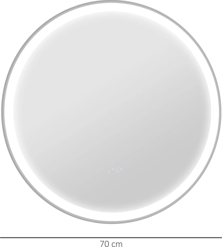 kleankin kulaté LED koupelnové zrcadlo Ø 70 cm, montáž na stěnu s osvětlením 3 barvy, dotykový spínač 23W, bílá/stříbrná
