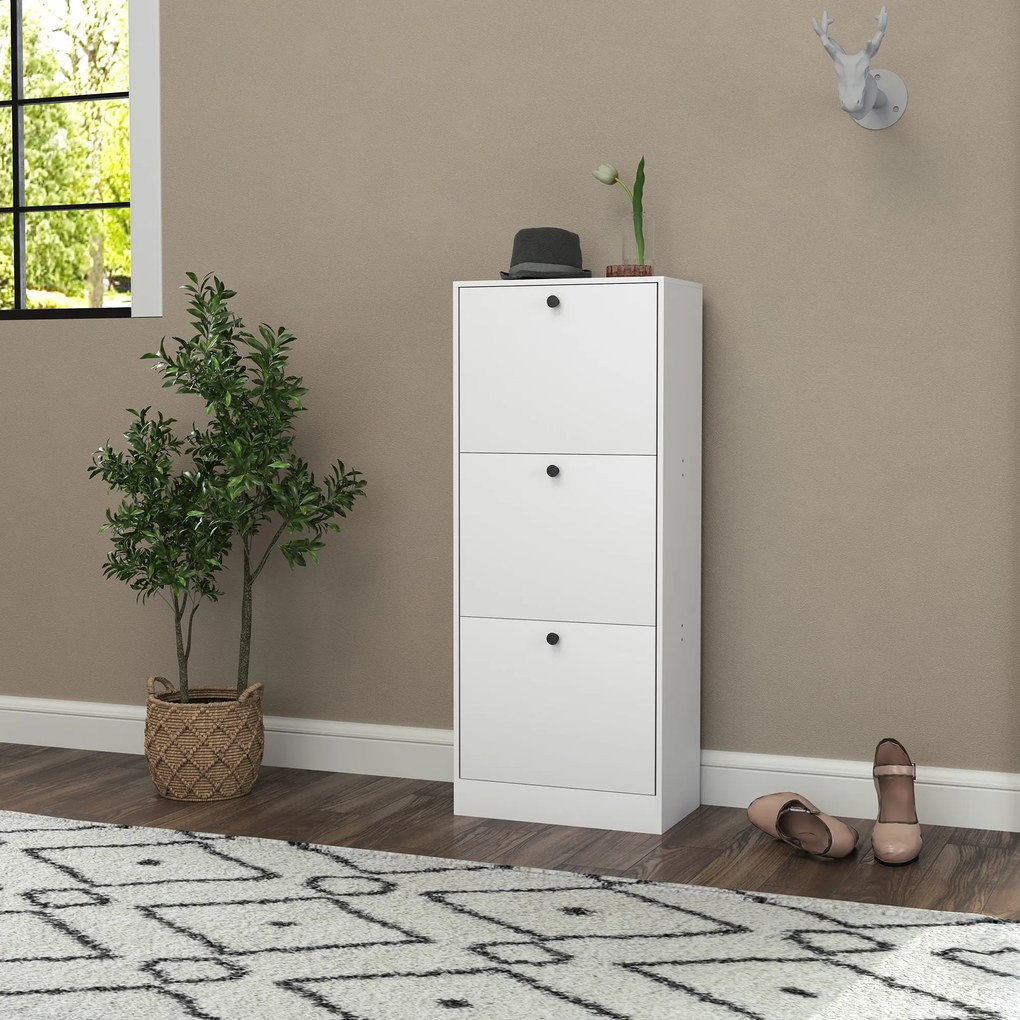 HOMCOM Botník se 3 skládacími dvířky, botník s nastavitelným děličem, štíhlý botník pro 12 párů bot 47 x 28 x 115 cm, bílý