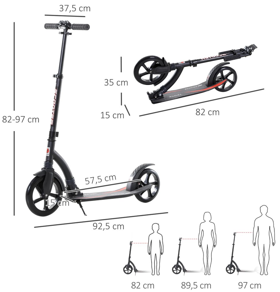 Dětská koloběžka HOMCOM skládací s tlumením nárazů výškově nastavitelná od 14 let hliník 92,5x37,5x87-101,5cm | Aosom.de